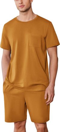 Ekouaer Schlafanzug Herren Kurz Baumwolle Sommer Pyjama Set Kurzarm und Shorts, Braun, XXL