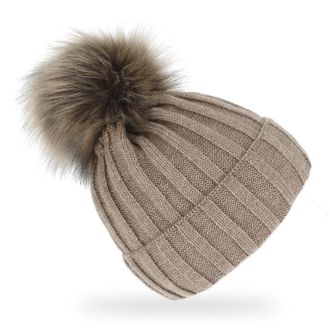 Fiebig Strickm&uuml;tze mit Kunstfell Bommel | M&uuml;tze aus Wolle mit Fleece-Futter | Beanie Made in Europe (Taupe)