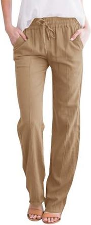 Generic Pantalon en lin pour femme - Jambe large avec poches - Taille haute - Taille &eacute;lastique - D&eacute;contract&eacute; - Pantalon d&eacute;t&eacute; ample - Pantalon de yoga long et 