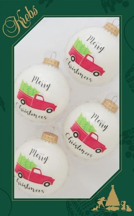 Krebs Glas Lauscha Weihnachtsdekoration/Christbaumschmuck aus Glas - Weihnachtskugeln - Motiv: Weiß Truck Merry Christmas - 4 Stück - Größe: ca. 7 cm