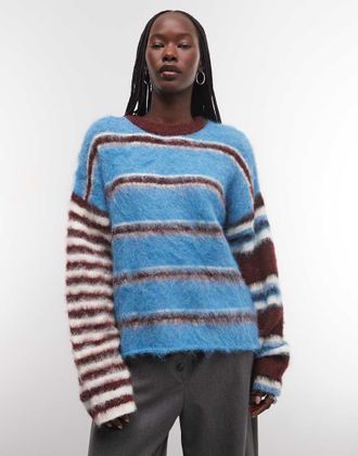 The Ragged Priest Oversize-Pullover mit flauschigem Streifenmix in Blau und Burgunderrot-Multi