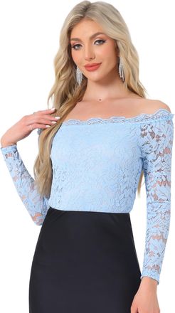 Allegra K Damen Off Shoulder Spitzenbluse Langarm Schulterfrei Oberteil Blumen Transparent Carmenbluse Elegant Top Trachtenbluse Hellblau S
