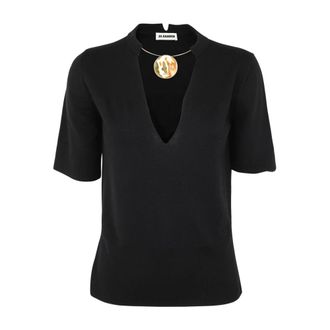 Jil Sander Kurz&auml;rmliger Strick mit Schmuckkette - - Tops - Damen - Schwarzk - M