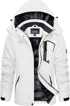 KEFITEVD Veste dExtérieur en Polaire pour Femme Veste Imperméable Coupe-Vent Veste de Ski dHiver avec Capuche Amovible,Blanc,2XL