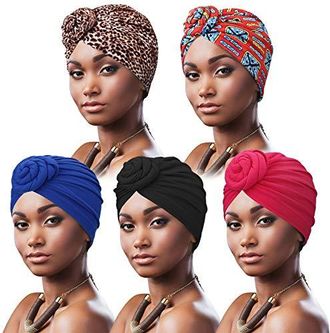 Dreshow 5 Pièces Turban Africain pour Femme Bonnet Pré-noué Bonnet Chimio Casquette de Perte de Cheveux Chapeau,Taille unique,5 Pack Donuts: 2 Pcs Fleur, Noir