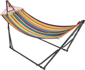 OUTSUNNY Hamac de jardin pliable avec support acier &eacute;poxy et toile coton lin marron noir gris blanc