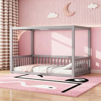 Generic Kinder-Standbett 90x200 cm - Himmelbett aus Massivholz für Kinder & Jugendliche, Weiß - Robustes Bettgestell mit Baldachin-Aufnahme (Grey)