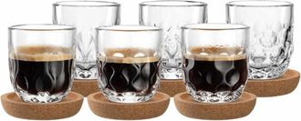 Leonardo GOCCE Espresso-Set 12-teilig, 60 ml, 6 Korkuntersetzer & 6 Espressogläser für Siebträger, Spülmaschinengeeignet, Mit Tropfenstruktur, Transparent