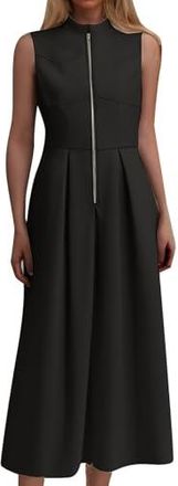 Generic Robe longue sans manches &agrave; col rond pliss&eacute;e avec fermeture &eacute;clair sur le devant - Robe d&eacute;t&eacute; boh&egrave;me pour la plage, les vacances - Essentiels de vacance