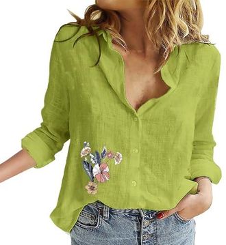 Generic HUIFUAO Chemise pour Femme en Coton et Lin imprimé Floral élégant avec Boutons et col en V à Manches Longues pour Femme T-Shirt dété Tendance pour Fem