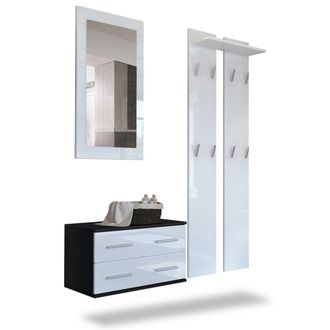 Vladon Garderobenset Garderobe Kioto, Made in Germany, Korpus in Schwarz matt/Front in Wei&szlig; Hochglanz