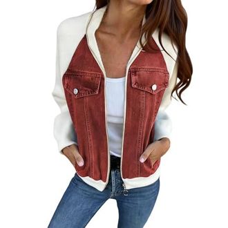Generic Veste en jean oversize pour femme, patchwork, style universitaire, veste de baseball, manteau en jean tendance et d&eacute;contract&eacute;, rouge et blanc, taille 
