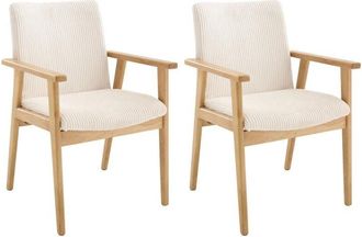 Vente-Unique Lot de 2 chaises avec accoudoirs en velours c&ocirc;tel&eacute; et bois dh&eacute;v&eacute;a - Cr&egrave;me - FILDON