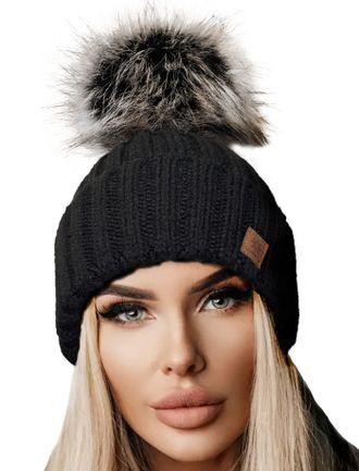 4sold Damen Winter Strickmütze - warme Beanie mit Kunstfell-Bommel - handgefertigt in Polen, italienisches Acryl, weich & atmungsaktiv, viele Farben, One Si