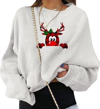 ORANDESIGNE T-Shirt Noël Femme Sweatshirt sans Capuche Sweat Manches Longues Chic et Drôle Sweat-Shirt Noel Décontractée Pull Elk Impression Tunique Pull Tops A B