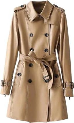 Generic Trench-coat en daim pour femme - Veste classique &agrave; double boutonnage coupe ajust&eacute;e mi-longue en peau de mouton, 1, S