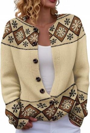 Generic Cardigan pour femme boutonné vintage imprimé floral pull pour femme décontracté chaud manches longues tricot doux, Imprimé Fairisle 09, XXL