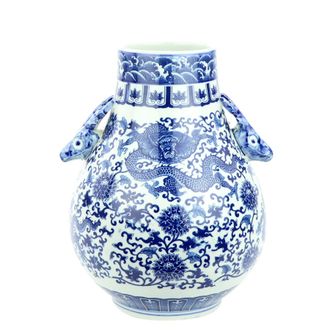Oriëntique Chinesische Vase Porzellan Drache Hirsche Blau und Weiß D24xH29cm China Dekorative Blumenvase Orientalische