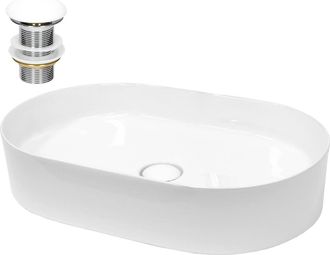 ECD Germany Waschbecken Waschtisch 605x380x125 mm Keramik Oval Weiß inkl. Ablaufgarnitur für Waschbecken ohne Überlauf Aufsatzbecken Aufsatzwaschbecken Aufsatzwas