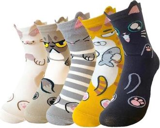 Generico Lot de 5 paires de chaussettes mi-mollet imprim&eacute; animal chaussettes de printemps en coton pour femme, Color5-5 Pairs, Taille Unique