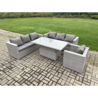 Fimous Polyrattan Gartenm&ouml;bel Set mit 2 Sofa, H&ouml;he verstellbar Esstisch und Sessel Outdoor Terrassen Essgruppe Helles Grau - Fimous