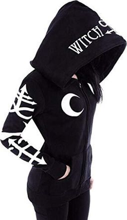 Generic Sweat à capuche pelucheux pour femme - Manteau polaire - Cardigan ample - Imprimé noir - Style punk - Manches gothiques - Manteau long pour femme - Vê