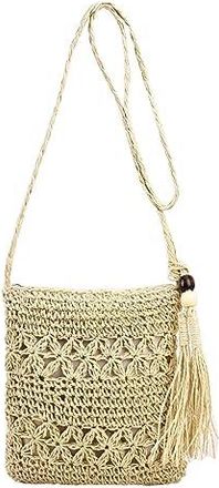 Generic Sac &agrave; main pour femme - Beige - En raphia tiss&eacute; &agrave; la main - Sac de plage d&eacute;t&eacute; avec pompon - Sac &agrave; bandouli&egrave;re tiss&eacute; pour le travail, les voyages, les 