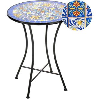 Beliani Table de Bistrot de Jardin Vintage en M&eacute;tal 60 cm Motif Mosa&iuml;que Plateau en Fer Noire Coriano