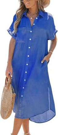 Cupshe Robe pour femme &agrave; manches cloches boutonn&eacute;e &agrave; manches courtes et col en V, saphire, Taille S