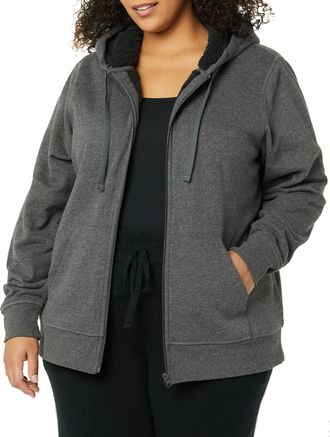 Amazon Essentials Damen Sherpa-gefütterte Fleece-Kapuzenjacke mit durchgehendem Reißverschluss (erhältlich in Übergröße), Dunkelgrau Meliert, XXL