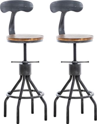 Clp 2er Set Barhocker Hanam Im Industrial-Design I H&ouml;henverstellbarer Metall Barstuhl Mit Holzsitz Und R&uuml;ckenlehne, Farbe:antik Silber