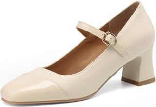 Generic Mary Janes à Bout carré pour Femmes avec Boucle réglable Sangle mi-épaisse Talons carrés élégantes Chaussures habillées,Off White,42.5 EU