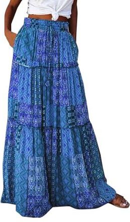 Generic Jupe dété pour Femme - Taille Haute élastique - Style bohème - Ourlet froncé à Volants - Jupe Longue avec Poches - Maxi Jupe Bohême - Style bohème déc