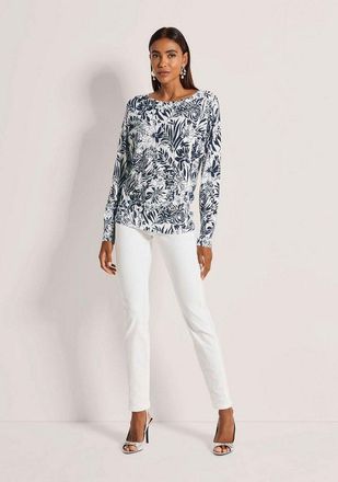 Madeleine Strickpullover Viskoseshirt mit floralem Muster Sommerpullover mit U-Boot-Ausschnitt, breiten B&uuml;ndchen und Langarm