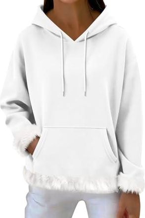 Generic Sweat-shirt de Noël long pour femme avec poignets et ourlet en peluche surdimensionnés imprimés de Noël pulls à manches longues pour femme, blanc, 3XL