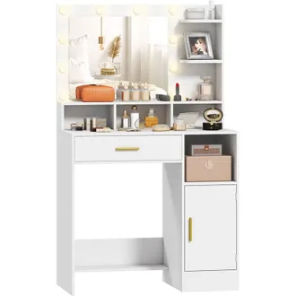 HOMCOM Homcom - Coiffeuse miroir Hollywood réglable - tiroir, porte, 5 étagères, 4 niches - blanc doré