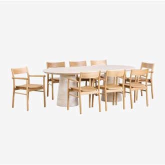 Sklum Set aus ovalem Tisch 220x95 cm in Travertin-Zementoptik Noemi und 8 Esszimmerst&uuml;hlen aus Eichenholz Mara Signature
