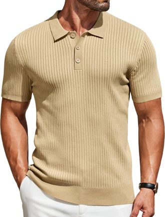 Coofandy Strick Poloshirt Herren Kurzarm Sommer T-Shirts Gestrickte Polo Shirts Freizeit Golf Tops Stretch Slim Fit Beige 3XL