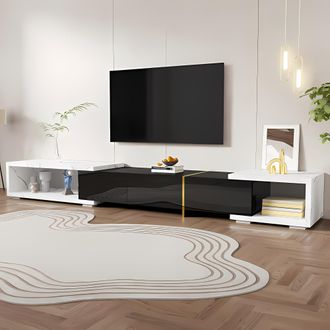Generic Moderner TV Schrank mit Variabler L&auml;nge drehbarer Funktion eleganter Marmoroptik schwarzem Hochglanzfinish und goldenen Akzenten f&uuml;r Wohnzimmer TV Boa