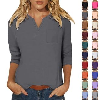 Generic Chemisier &agrave; manches raglan 3/4 pour femme, haut d&eacute;contract&eacute; tendance de couleur unie, chemise d&eacute;contract&eacute;e &agrave; col en V, t-shirt d&eacute;t&eacute; &eacute;l&eacute;gant et d&eacute;contr