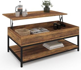 IDMarket Couchtisch mit integraler Hubplatte hawkins und unterem Regal aus dunklem Holz Industriedesign