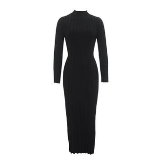 Generic Robe pull en tricot côtelé à col roulé et manches longues pour femme, tenue décontractée mi-longue pour lautomne et lhiver, Noir, L