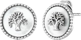 Engelsrufer Damen Ohrstecker aus Sterling Silber mit Lebensbaum in Silber auf weissem Perlmutt, nickelfrei, Größe: 12mm, ERE-LILTREE-PE