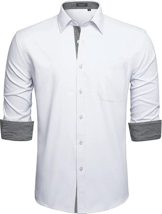 Hisdern Herren Hemd Regular Fit Formale Freizeithemden Herrenhemden Weiß Langarm Männer Hemd Klassisches Businesshemd mit Tasche 4XL