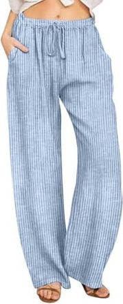 Generic Palazzo Pantalon d&eacute;t&eacute; l&eacute;ger &agrave; rayures en coton et lin avec cordon de serrage et taille haute pour femme avec poches, respirant, coupe d&eacute;contract&eacute;e, tr