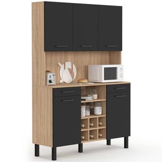 IDMarket Buffet de Cuisine 120 CM CINA 5 Portes + tiroirs + Range-Bouteilles fa&ccedil;on h&ecirc;tre et Noir