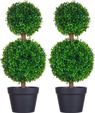 HOMCOM 2er-Set Künstlicher Buchsbaum groß 60 cm, UV-beständige Kunstpflanze, Plastik Künstliche Pflanzen im Topf, Kunstbaum, Fake Plant wie echt für Wohnzimm