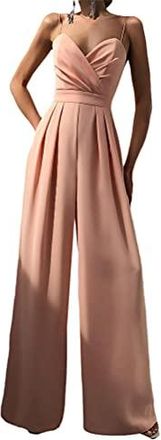Minetom Femmes Combinaison Jumpsuit Col V sans Manches Playsuit Couleur Unie Long Pantalon Cocktail Soirée Cérémonie Romper B Orange XXL