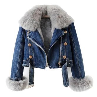 Generic Veste dhiver chaude en jean pour femme, veste en jean en fausse fourrure, doublure amovible en fausse fourrure, manteau parka court épais à poils long