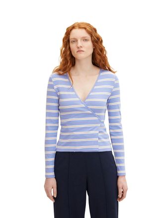 Tom Tailor Damen T-Shirt in Wickeloptik mit Streifen 1032818, 30226 - Mid Blue Horizontal Stripe, XL